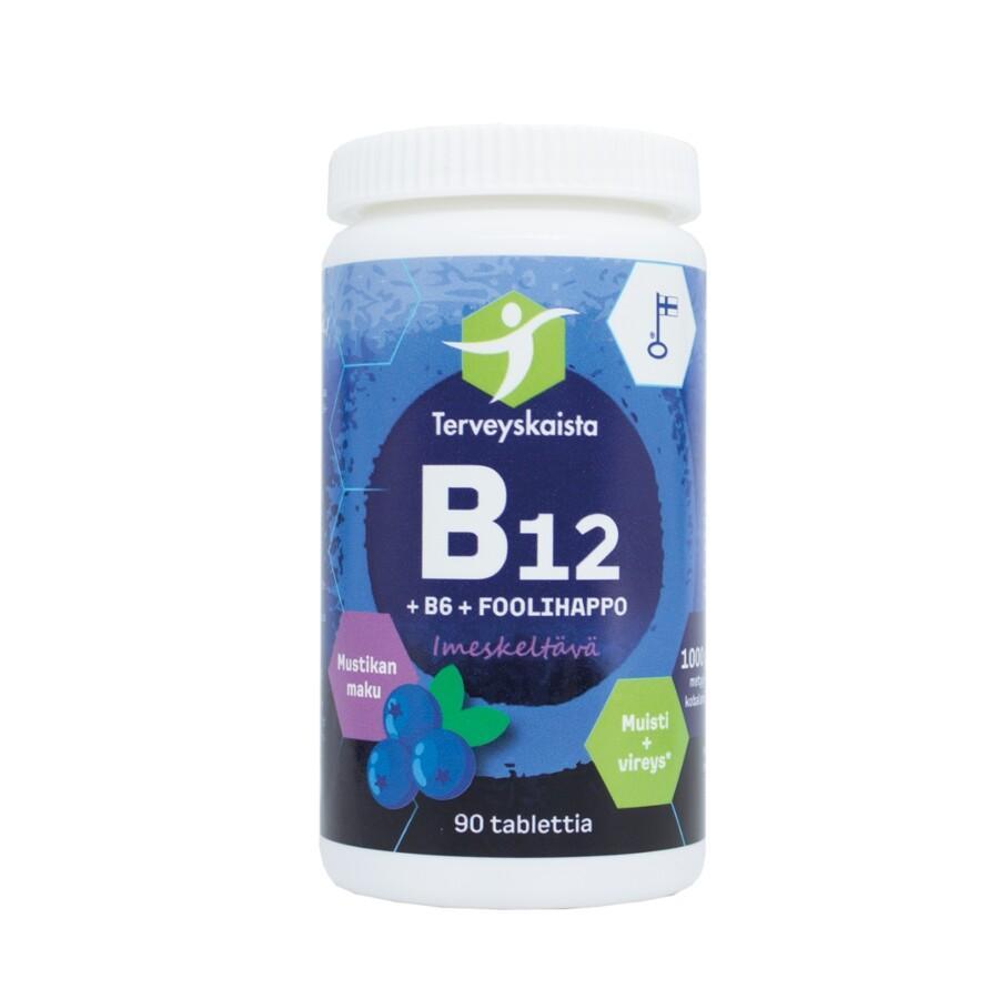 B12 + B6 + Foolihappo, mustikka (imeskeltävä) 90 tabl - Fysioline Oy